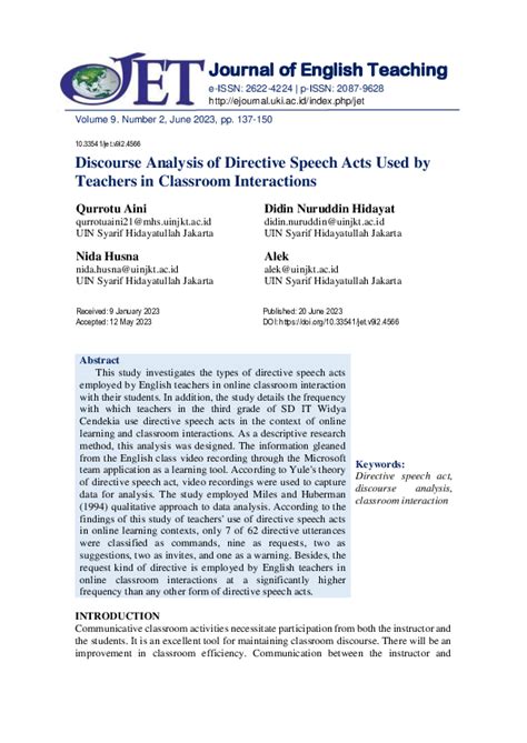 Pdf Discourse Analysis Of Directive Speech Acts Used By Teachers In