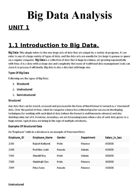 Big Data Analysis Notes Big Data Analysis Unit 1 1 Introduction To