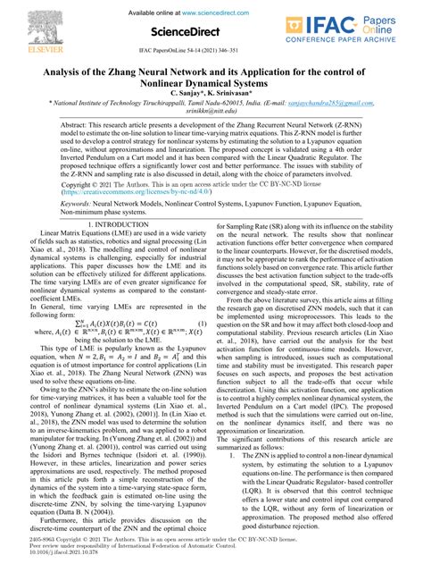 Pdf Analysis Of The Zhang Neural Network And Its Application For The Control Of Nonlinear