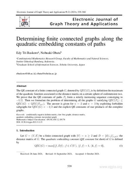 Pdf Determining Finite Connected Graphs Along The Quadratic Embedding Constants Of Paths