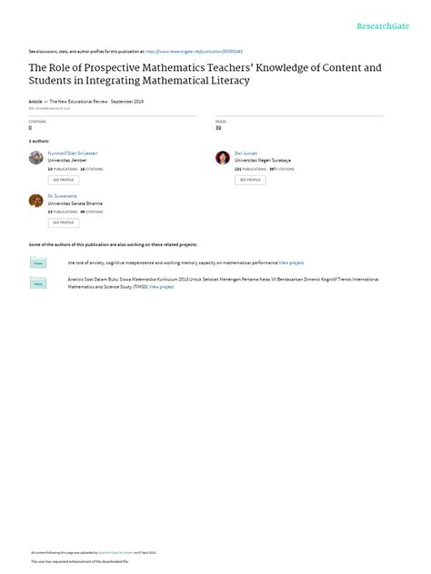 2019 Lestari The Role Of Prospective Mathematics Teachers Knowledge Of Content And Pdf