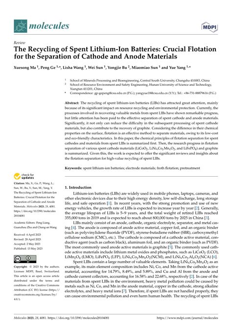 Pdf The Recycling Of Spent Lithium Ion Batteries Crucial Flotation