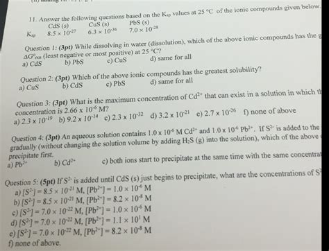 Solved Answer The Following Questions Based On The K Sp Chegg Com