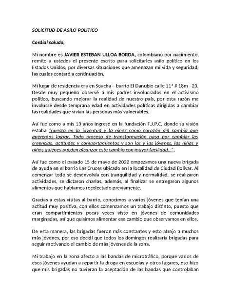 Solicitud De Asilo Politico Javier Esteban Ulloa Borda Solicitud De