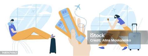 캐릭터 세트는 공항에서 탑승을 기다립니다 승객 여성 수하물이있는 남성은 티켓을 구입하고 비행기로 여행합니다 가방에 대한 스톡 벡터 아트 및 기타 이미지 Istock