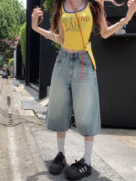 더블제이 24ss 신상 반 바지 5부 7부 롱 버뮤다 팬츠 코디 S Xl Size 로우 웨스트 빅 사이즈 와이드 연청 데님