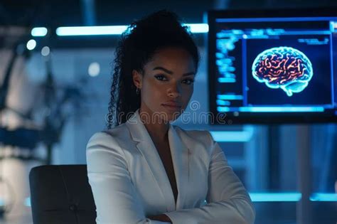 Brain Smart Woman In A Futuristic Lab With A Digital Brain Interface Symbolizing Human Cognition
