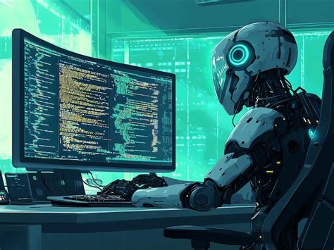 An Illustration Of A Humanoid Robot Sitting At A Desk Coding On A