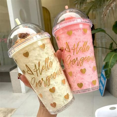 여름 더블 레이어 아이스크림 주스 머그잔 빨대 물 마시는 컵 만화 곰 패턴 음료 용기 실리콘 아이스 뜨거운 물 머그잔머그잔