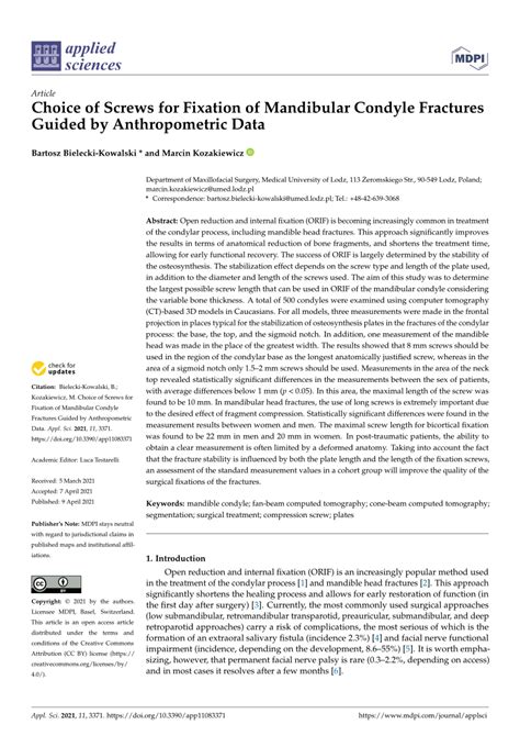 Pdf Choice Of Screws For Fixation Of Mandibular Condyle Fractures Guided By Anthropometric Data