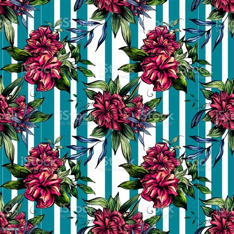 줄무늬 파란색과 흰색 배경에 분홍색 꽃의 원활한 식물 패턴 0명에 대한 스톡 벡터 아트 및 기타 이미지 0명 꽃 나무 꽃 식물 Istock