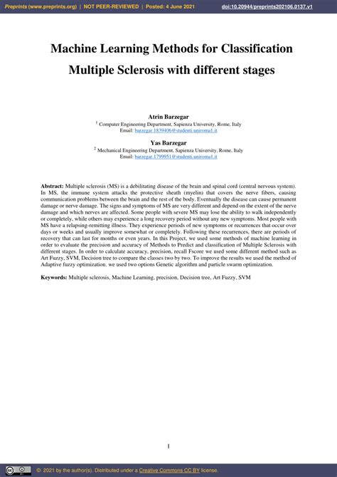 pdf machine learning methods for classification multiple sclerosis with different stages