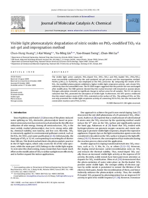 Pdf Visible Light Photocatalytic Degradation Of Nitric Oxides On Ptox Modified Tio2 Via Sol