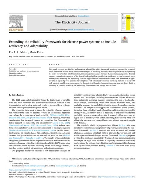 Pdf Extending The Reliability Framework For Electric Power Systems To Include Resiliency And