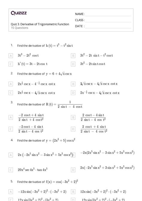 Derivatives Of Trigonometric Functions Worksheets On Quizizz Free Printable