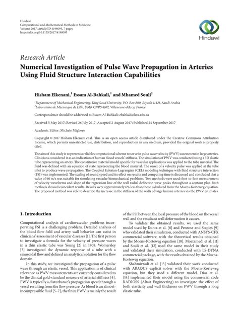 Pdf Numerical Investigation Of Pulse Wave Propagation In Arteries
