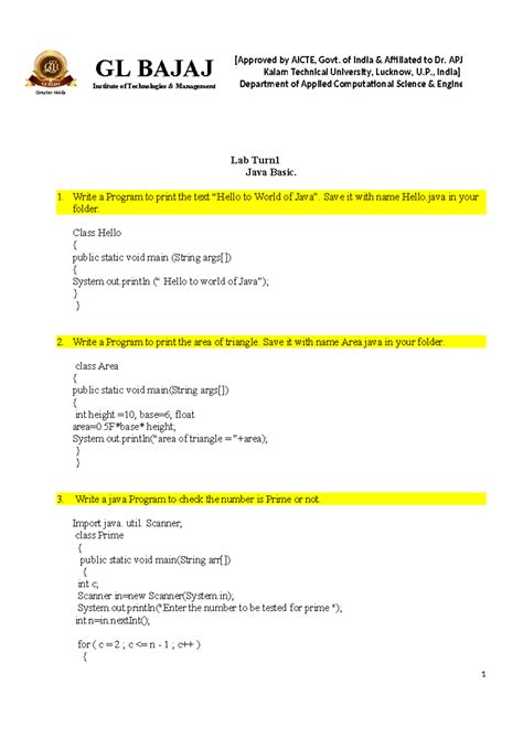 Oops Java Lab Manual Copy Greater Noida Gl Bajaj Institute Of