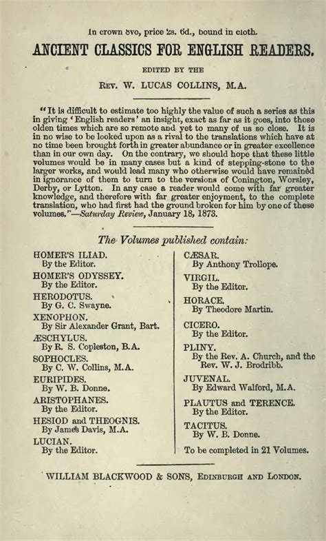 Ancient Classics For English Readers William Blackwood And Sons Book