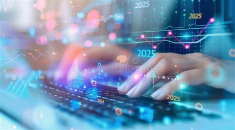 Hands Typing On Laptop With 2025 Data Visualization Stock Image Image Of Information Digital