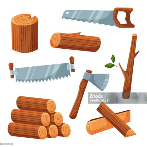 목재 와 나무 절단을위한 도구의 세트 컬렉션에는 도끼 손 톱 양손 톱 나무 통나무 통나무 그루터기 장작 및 나무 가지가 포함됩니다 만화 플랫 스타일로 격리 된 벡터 그림