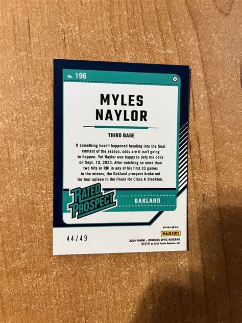 2024 Donruss Baseball Myles Naylor 196 Purple Optic Prizm 4449 Ebay