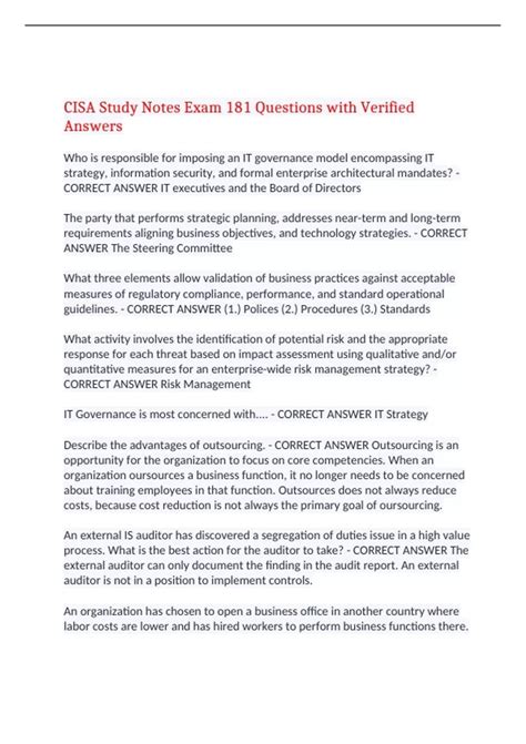 CISA Study Notes Exam Questions With Verified Answers CORRECT CISA Study Notes