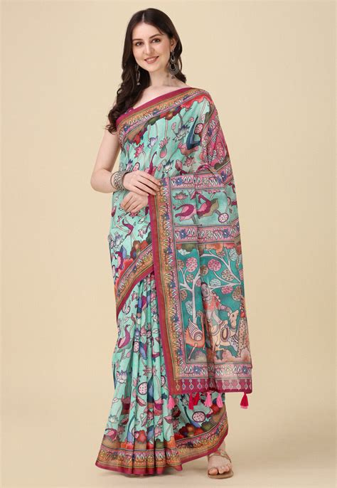 Buy Digital Printed Linen Cotton Saree In Pastel Green Online Stm582