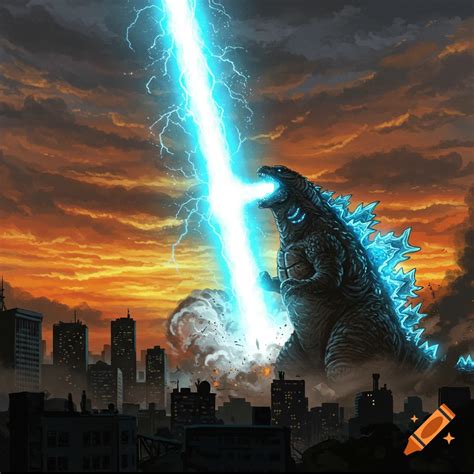 Godzilla Stands Over A City During Sunset Firing A Bright Blue Atomic