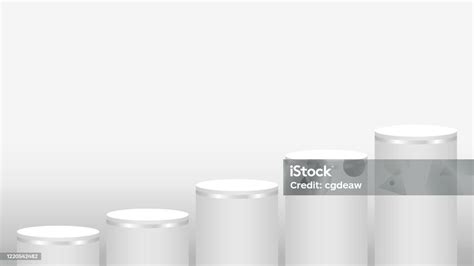 화장품 쇼케이스 연단 원 무대 화이트 그레이와 실버 컬러 플랫폼 5 단계 및 광고 복사 공간 제품 디스플레이의 연단 라운드 5 층 용 받침대 실린더 원 5 단계 3차원