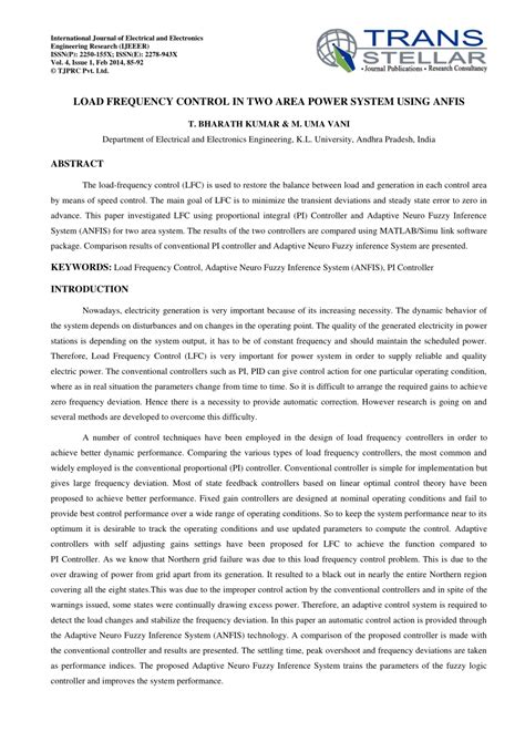 pdf load frequency control in two area power system using anfis