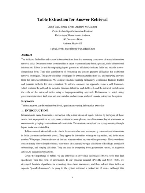 Table Extraction For Answer Retrieval Xing Wei Bruce Croft Andrew