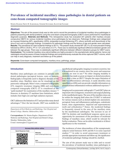 Pdf Prevalence Of Incidental Maxillary Sinus Pathologies In Dental