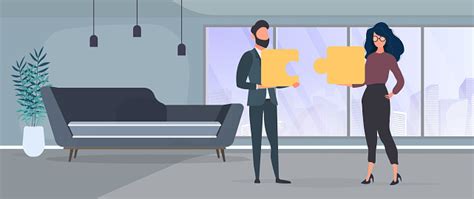 남자와 여자는 퍼즐 조각을 들고있다 여자와 남자는 퍼즐을 함께 넣어있다 사무실 팀워크의 개념 함께 살거나 이해합니다 벡터 경영자에 대한 스톡 벡터 아트 및 기타 이미지