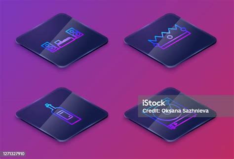 비닐 디스크와 와인 병 크라운과 비닐 플레이어 두 스피커와 Isometric 라인 홈 스테레오를 설정합니다 파란색 정사각형 버튼 벡터 Dj에 대한 스톡 벡터 아트 및 기타