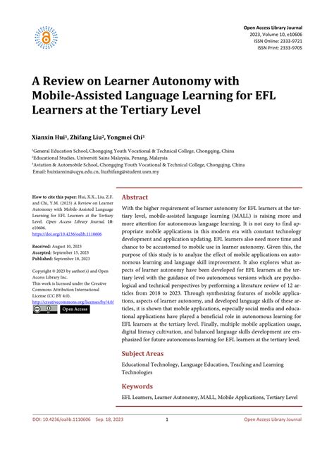 Pdf A Review On Learner Autonomy With Mobile Assisted Language Learning For Efl Learners At