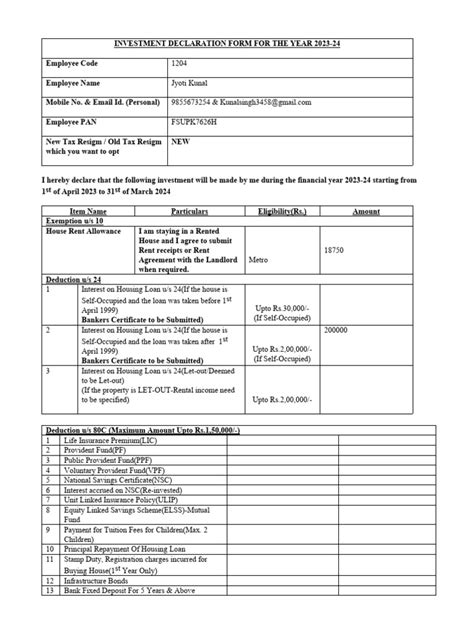 Investment Declaration Form Fy 2023 24 Pdf Money Private Sector