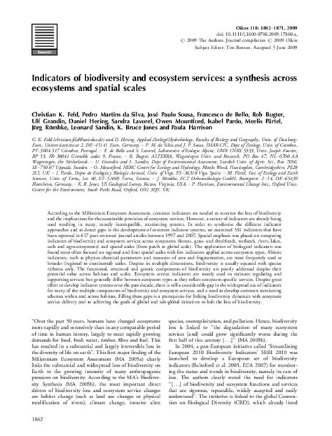 Pdf Indicators Of Biodiversity And Ecosystem Services A Synthesis