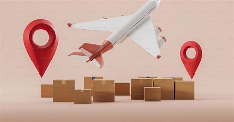 배달 서비스 및 빨간색 위치 핀이 있는 판지 상자 글로벌 물류 베이지색 배경에 비행기와 소포 화물 및 항공 운송의 개념입니다 3d 렌더링 사진 Unsplash의