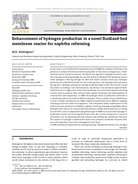Pdf Enhancement Of Hydrogen Production In A Novel Fluidized Bed Membrane Reactor For Naphtha