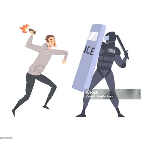방패 벡터 일러스트로 방어 무장 한 경찰관과 싸우는 젊은 남자 폭동 폭동에 대한 스톡 벡터 아트 및 기타 이미지 폭동
