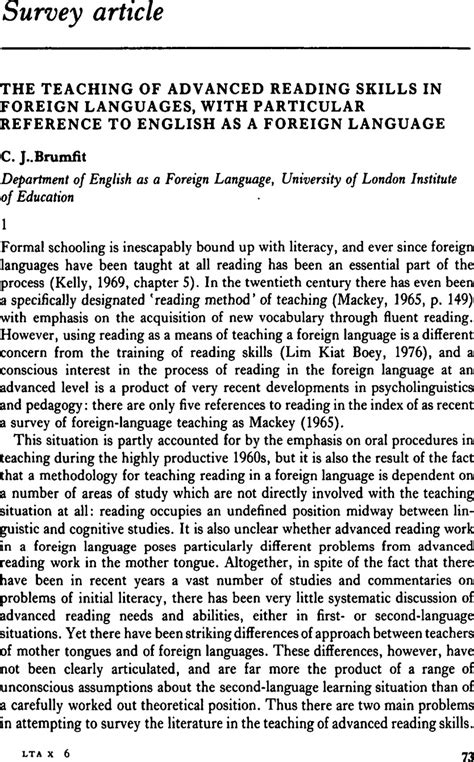 The Teaching Of Advanced Reading Skills In Foreign Languages With Particular References To