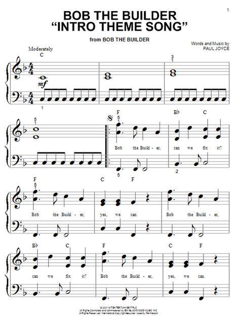 Bob The Builder Intro Theme Song Sheet Music Direct