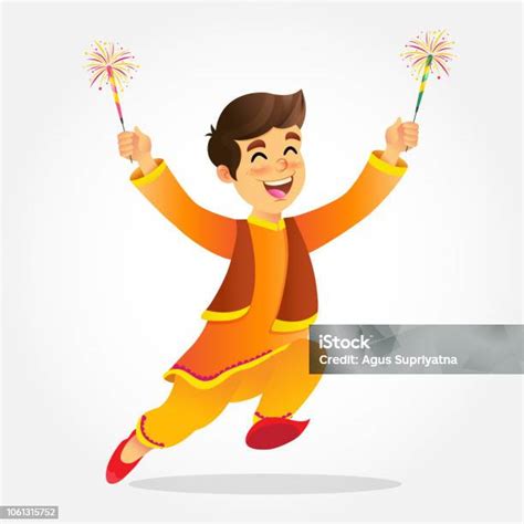귀여운 만화 인도 소년 점프와 디 왈 리 또는 디파발리 빛의 축제를 축 하 하는 폭죽을 노는 전통적인 옷에 흰색 배경에 고립 공휴일에 대한 스톡 벡터 아트 및 기타 이미지