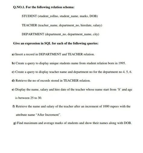 Solved Q NO 1 For The Following Relation Schema Babe Chegg Com