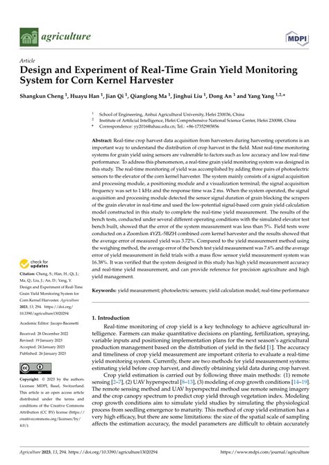 Pdf Design And Experiment Of Real Time Grain Yield Monitoring System For Corn Kernel Harvester