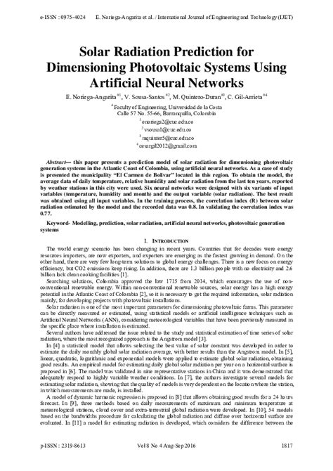 Pdf Solar Radiation Prediction For Dimensioning Photovoltaic Systems Using Artificial Neural