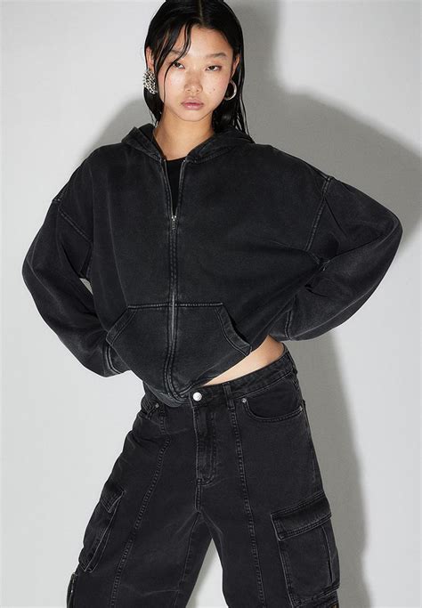 Oversized Zip Through Hoodie Black Washed Out 1163118013 Handm Hoodies And Sweats