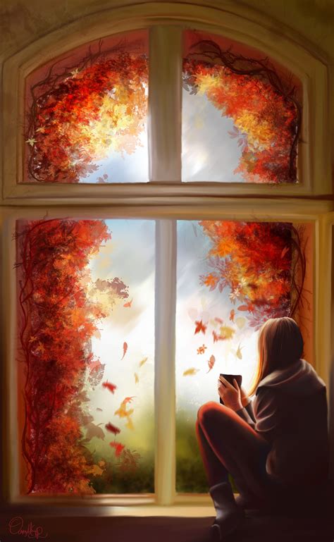 Фото Девушка с чашкой чая в руках сидит на подоконнике и смотрит на осенний листопад за окном