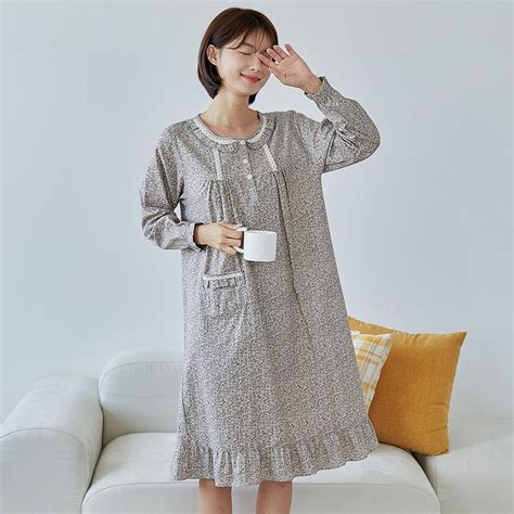 Poom 홈원피스 순면 개버딘 긴팔 꽃무늬 편한옷 홈웨어