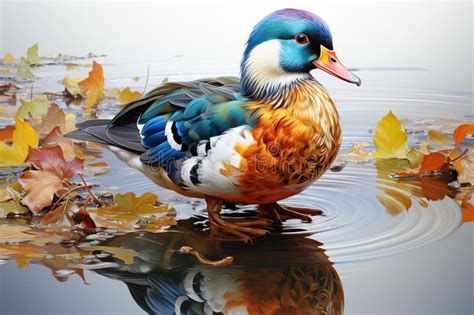 Mandarin Duck On A Lake With Autumn Leaves In The Background
